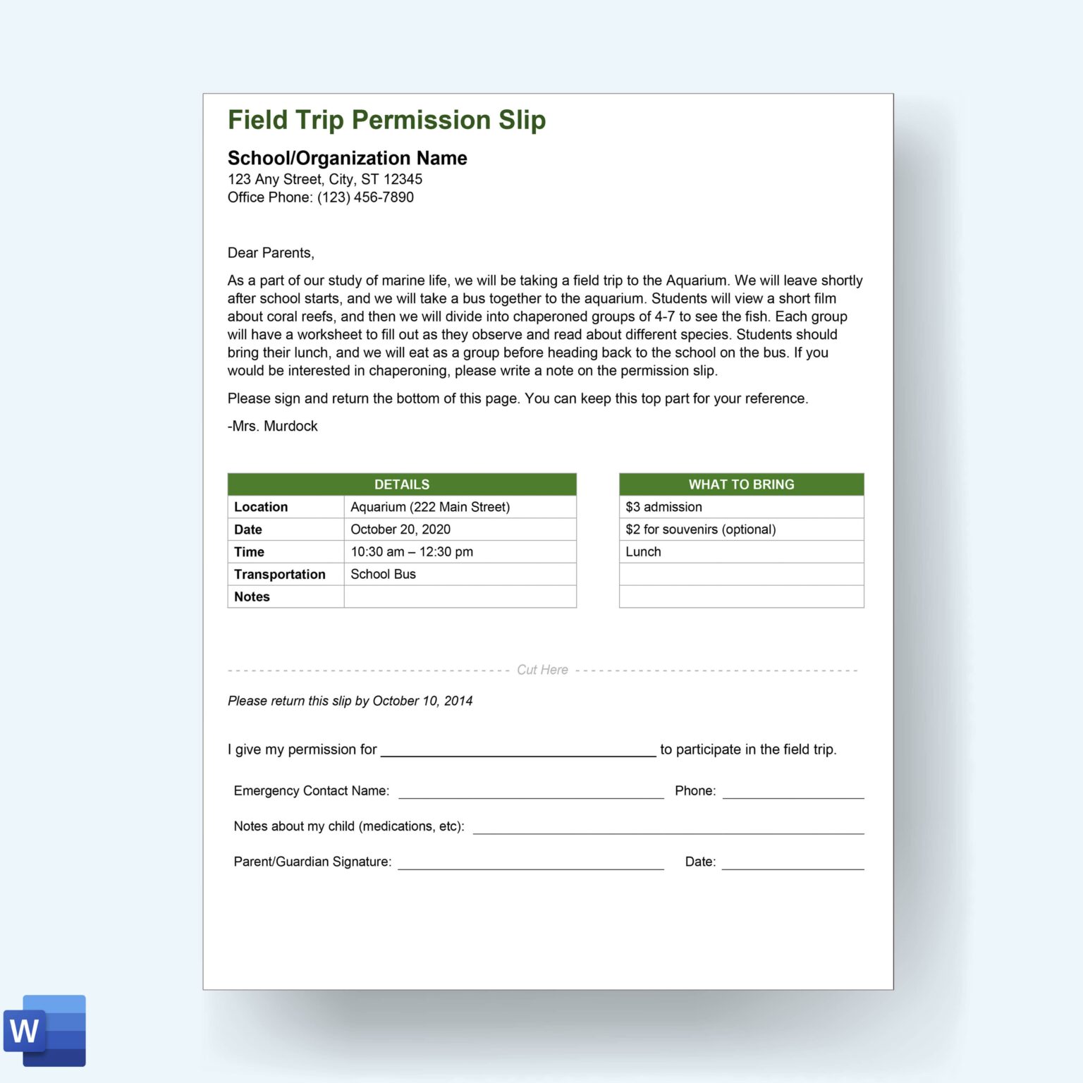 Field Trip Permission Slip Template - MbcVirtual