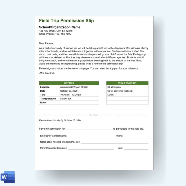 Field Trip Permission Slip Template - MbcVirtual