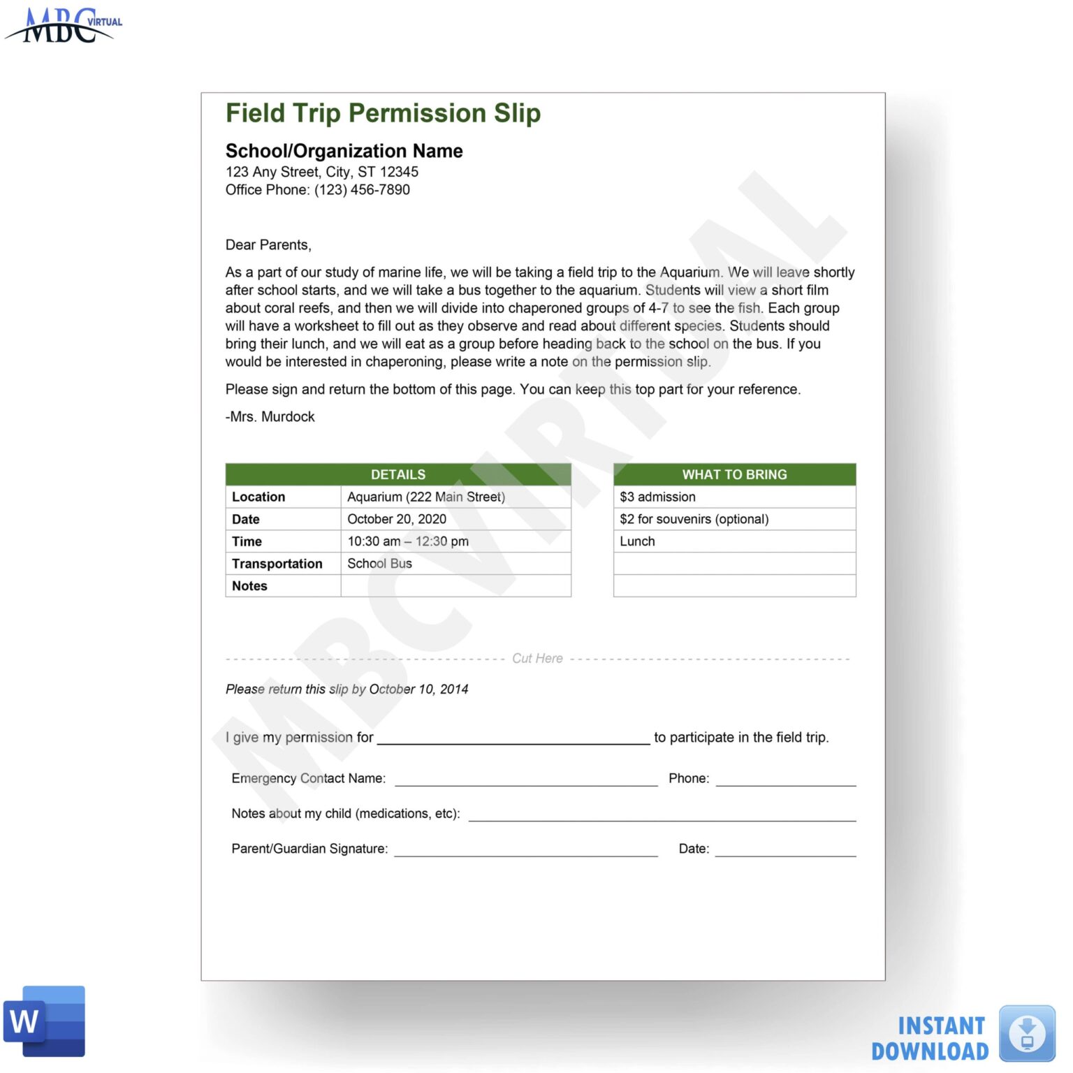 Field Trip Permission Slip Template - MbcVirtual