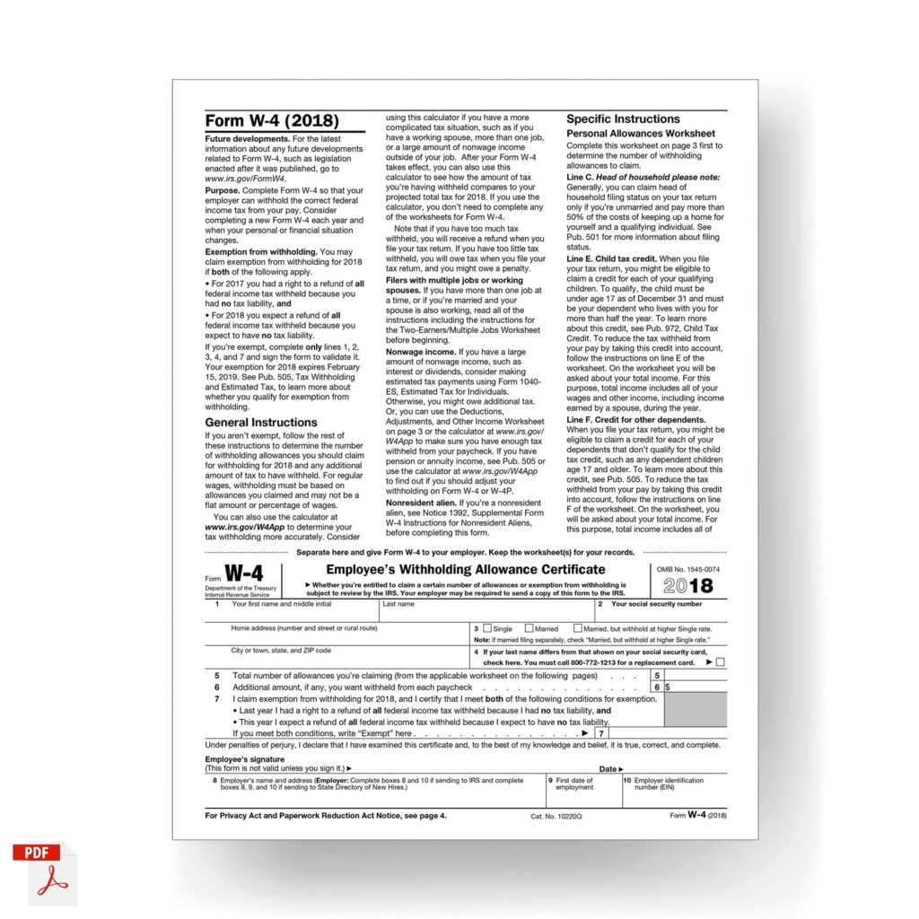 Form W-4, Employee's Withholding Certificate 2018 - MbcVirtual