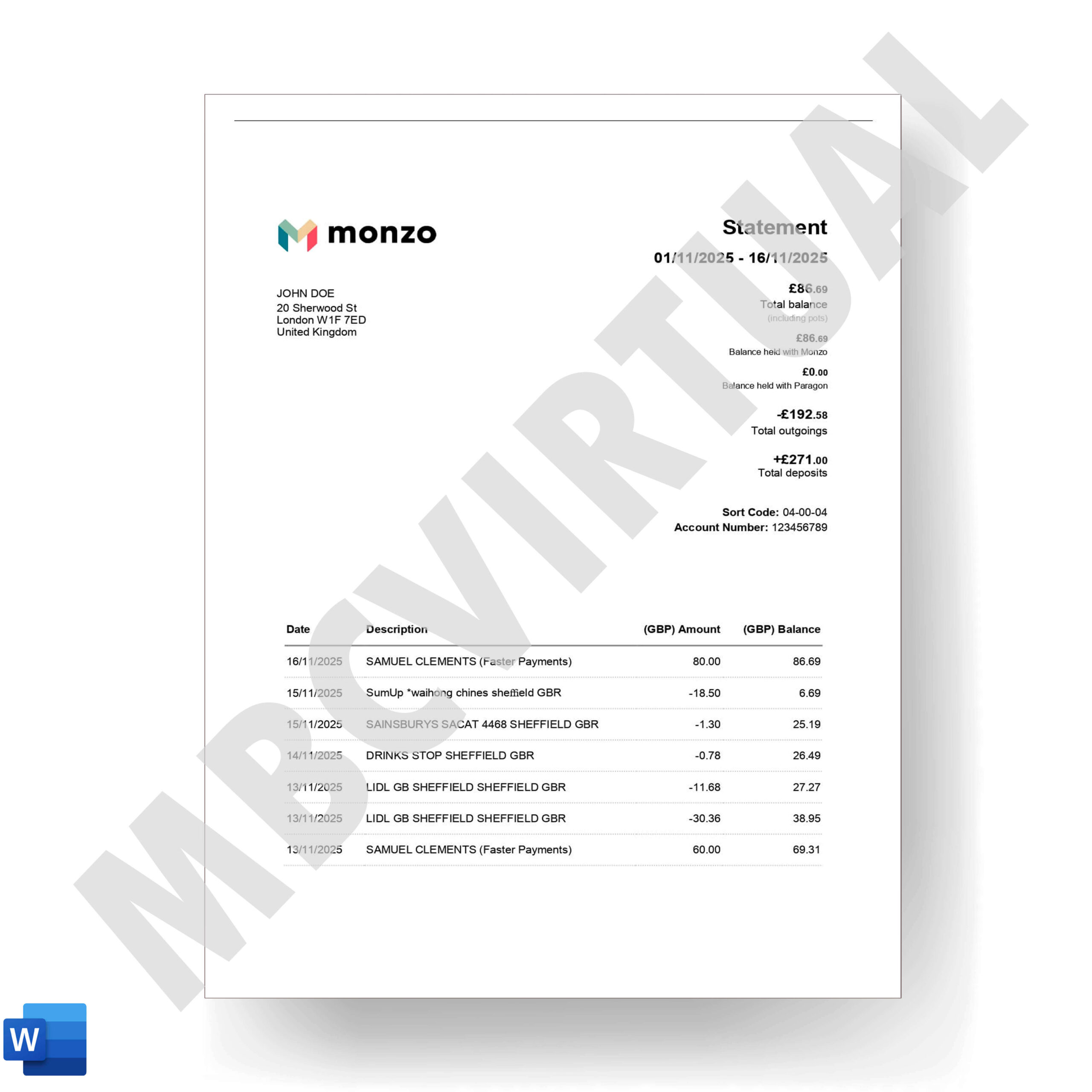 Monzo Bank Statement - MbcVirtual