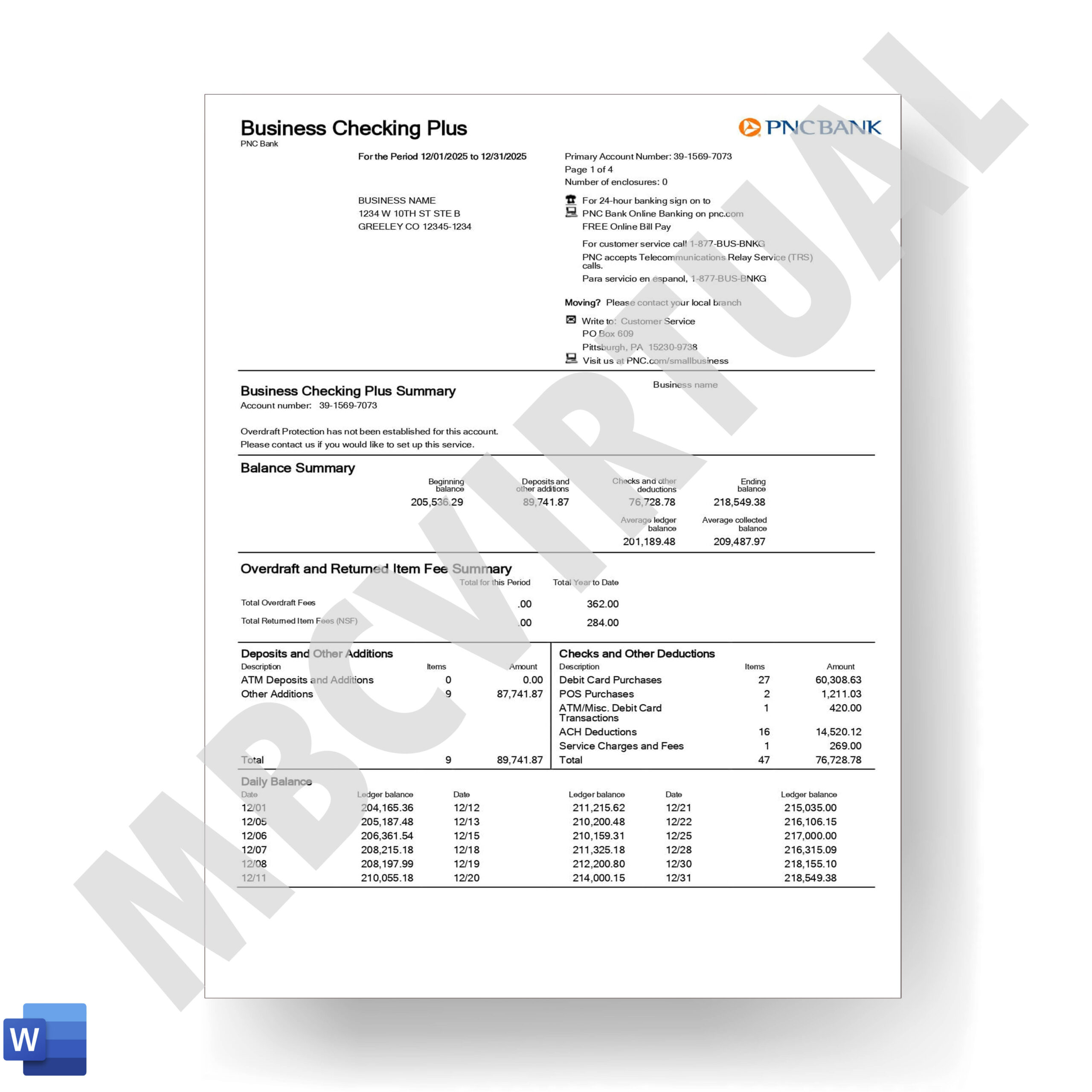 PNC Bank Statement - Business Checking Plus - MbcVirtual